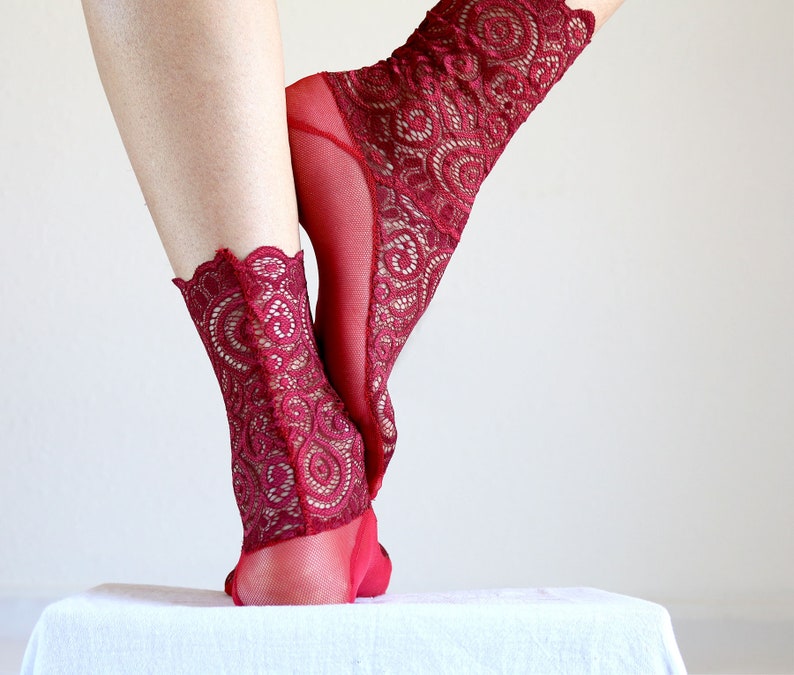 Burgundy Red Lace Socks. Scalloped Edge Lace and Mesh Socks. - Etsy