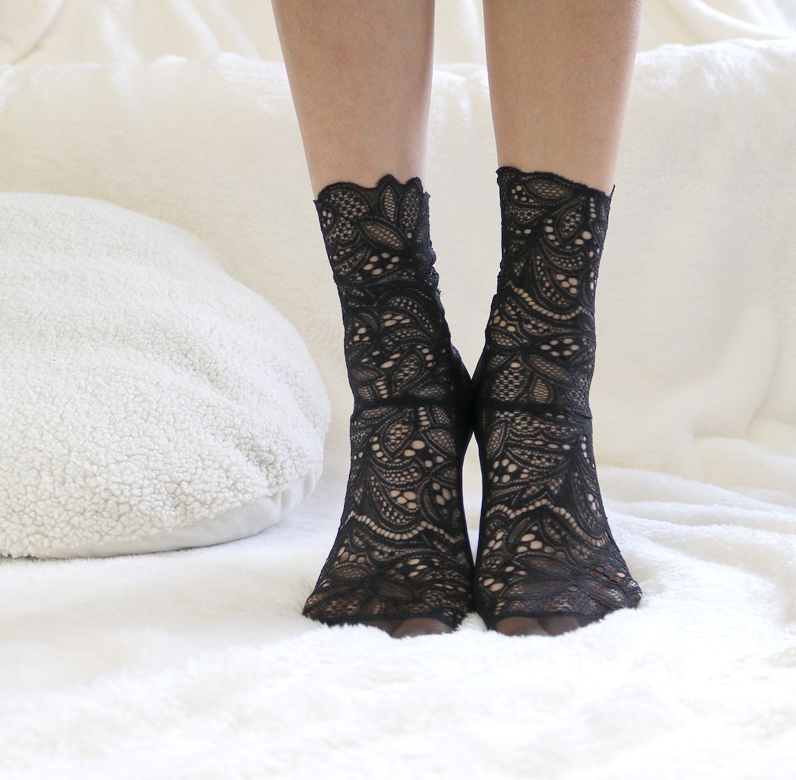 Black Lace Socks. Scalloped Edge Lace and Mesh Socks. Handmade Women’s ...
