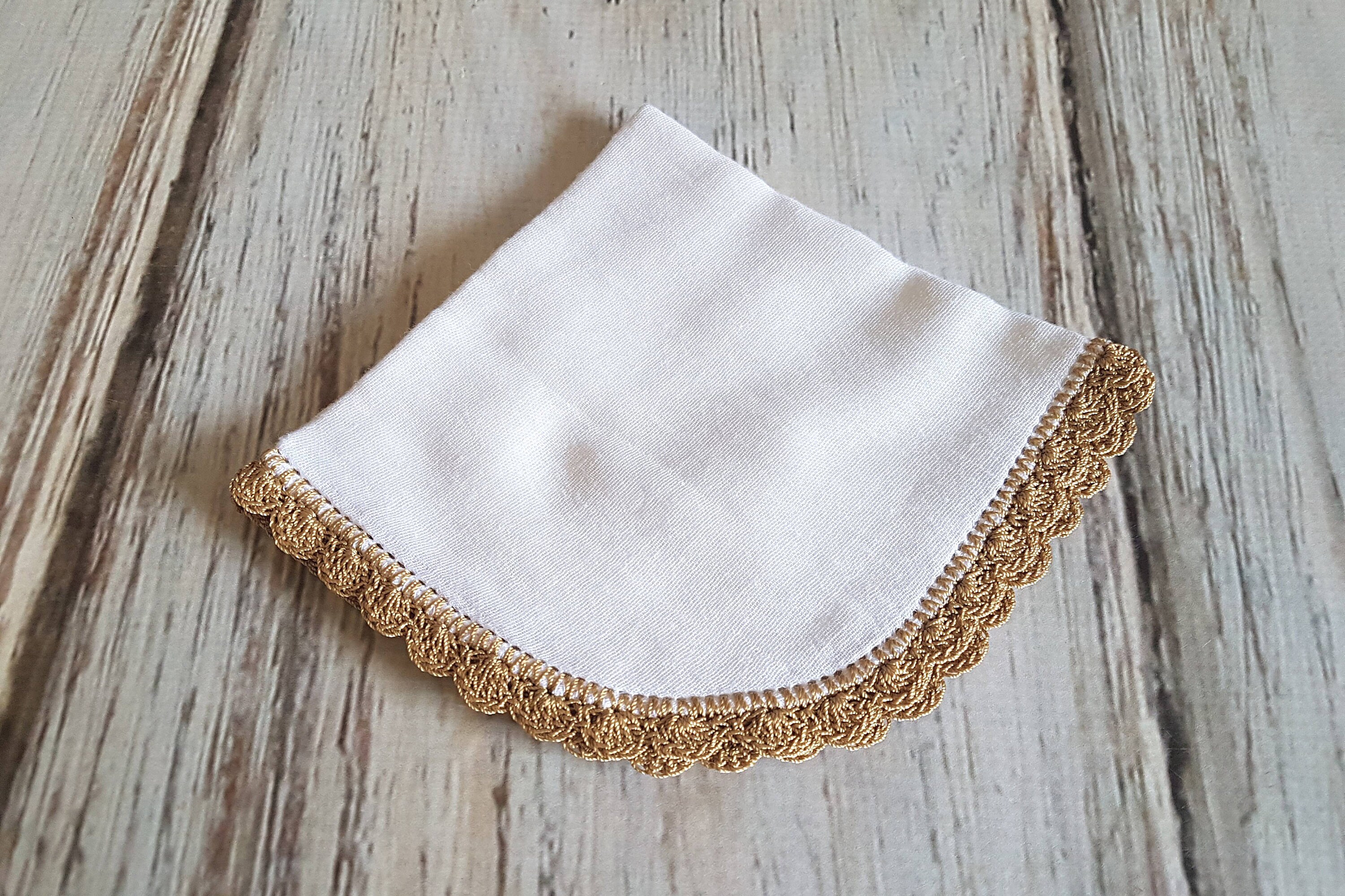 Crochet Edge Burp Cloth - Muslin Baby Dribble Cloth - White With Royal ...