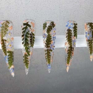Reusable Nail Fern Forget-me-not Long Stiletto Nails Fake Nail | Etsy