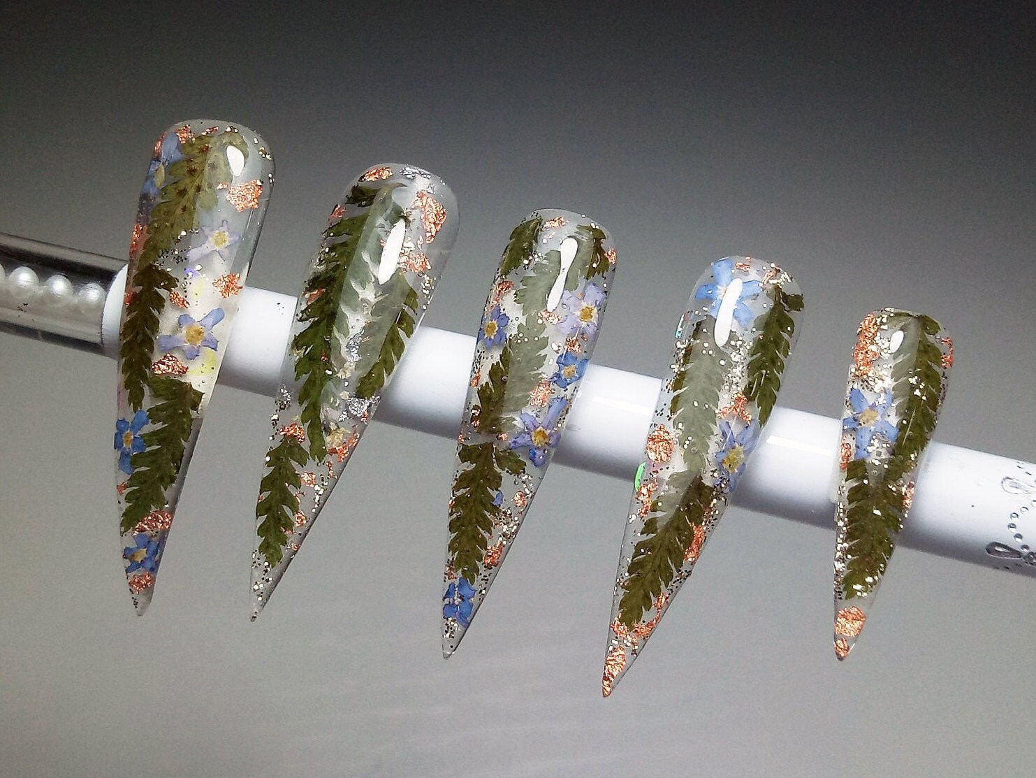 Reusable Nail Fern Forget-me-not Long Stiletto Nails Fake Nail | Etsy