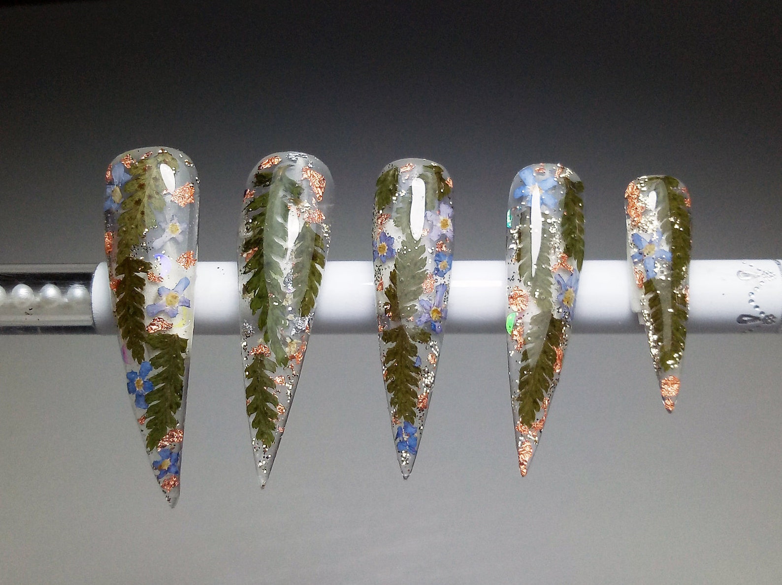 Reusable Nail Fern Forget-me-not Long Stiletto Nails Fake Nail - Etsy