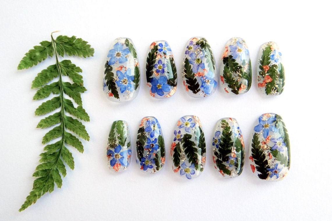Reusable Nail Fern Forget-me-not Long stiletto nails Fake nail | Etsy