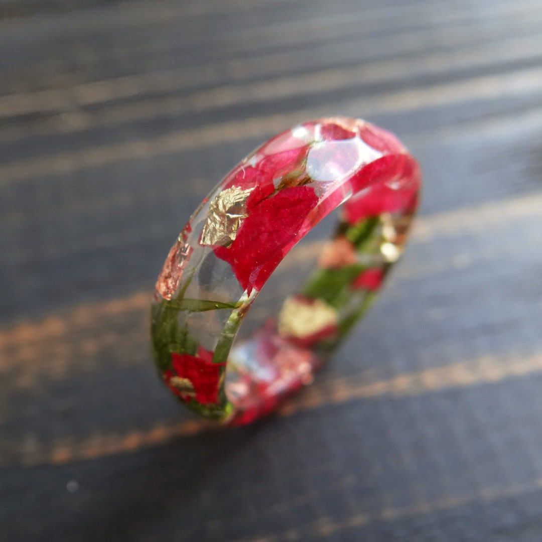 Red Rose Resin Ring: Real Flower Stacking Band, Nature Jewelry, Faceted ...