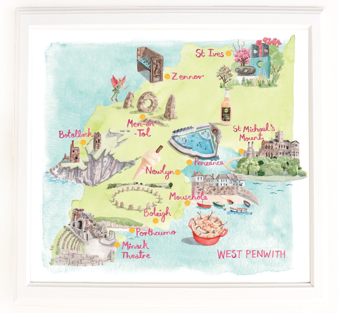 Map of West Penwith, Cornwall. Signed Limited Edition Giclee Print of ...