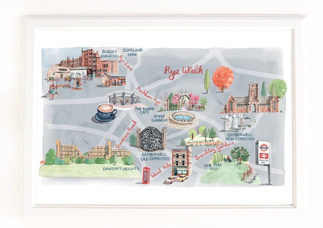 Map of Peckham Rye in London. Signed Limited Edition Giclee Print of an ...