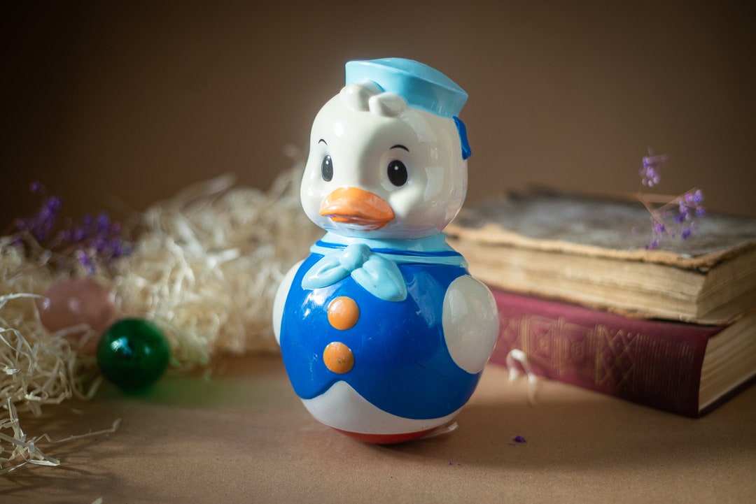 Roly Poly Big Donald Duck Vintage, Yellow Blue Plastic Toy, Nursery ...