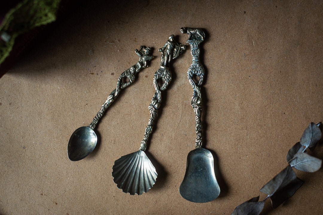 Set of 3 Vintage German Silver Figurine Handle Serving Spoons, Fancy ...