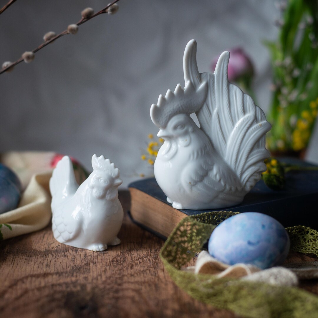 Easter Rustic Decor, Chicken and Rooster Porcelain Figurines, White ...