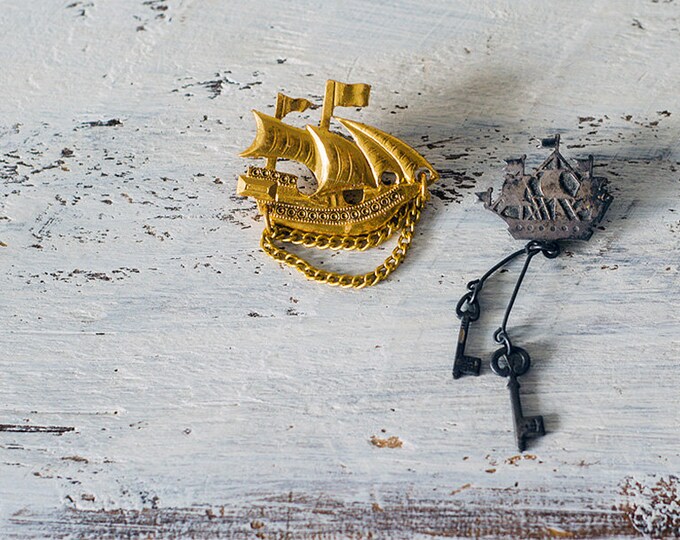 Gold Black Sailing Ship Brooch Old Ship See Decor Brooch - Etsy