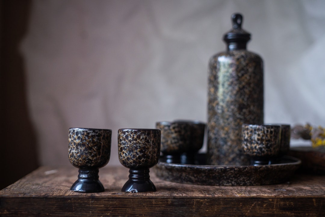 Vintage Ceramic Wine Set With Bottle, Glasses, and Tray, Rustic Barware ...