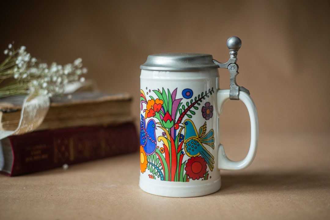 Birds and Flowers Vintage Ceramic Beer Mug With Lid Bird and - Etsy