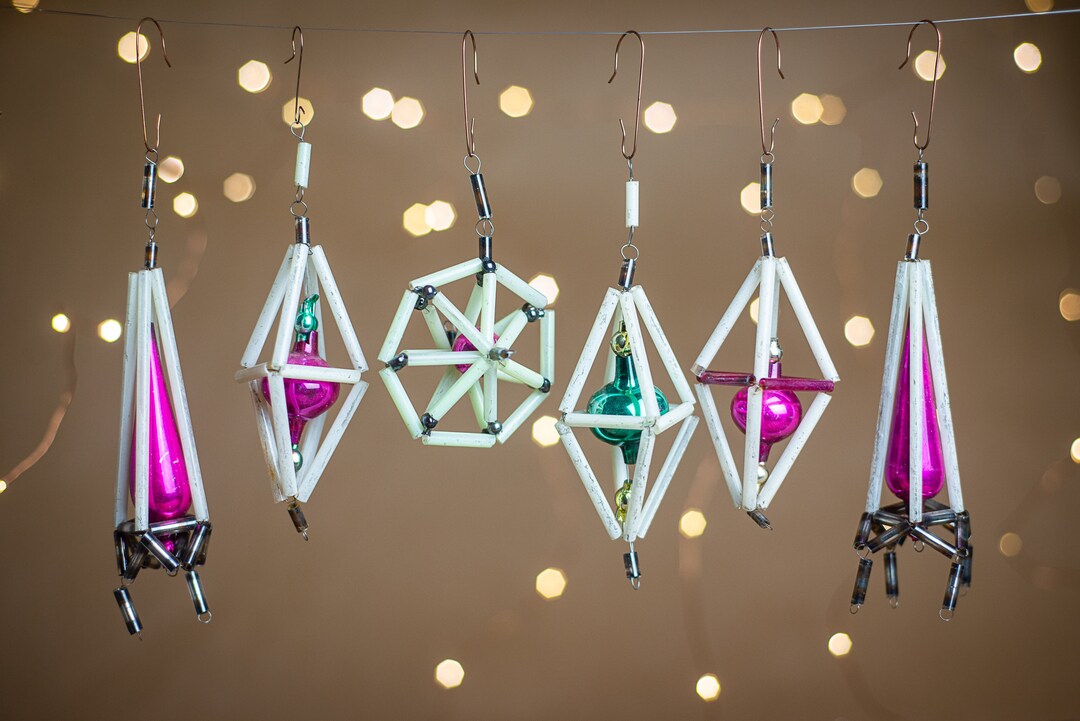 1950 Christmas Beaded Bugle Ornament, White Pink Hanging Tree Decor ...