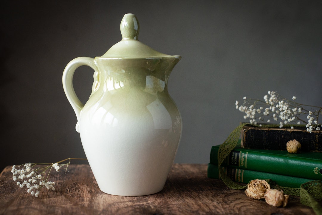 Vintage Ceramic Pitcher, Pottery Milk Jug With Lid, Lidded Carafe ...