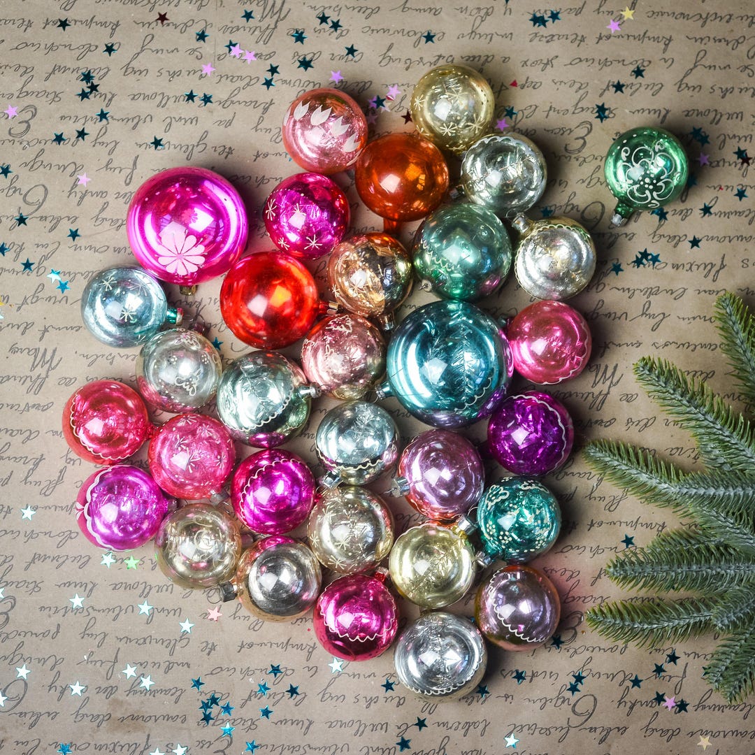 Set of Vintage Christmas Glass Ornaments With Transparent Part, Retro ...
