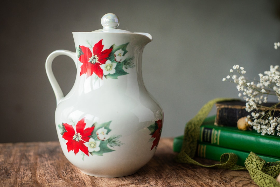 Vintage Porcelain Milk Jug With Lid, Poinsettia Xmas Pattern, Vintage ...