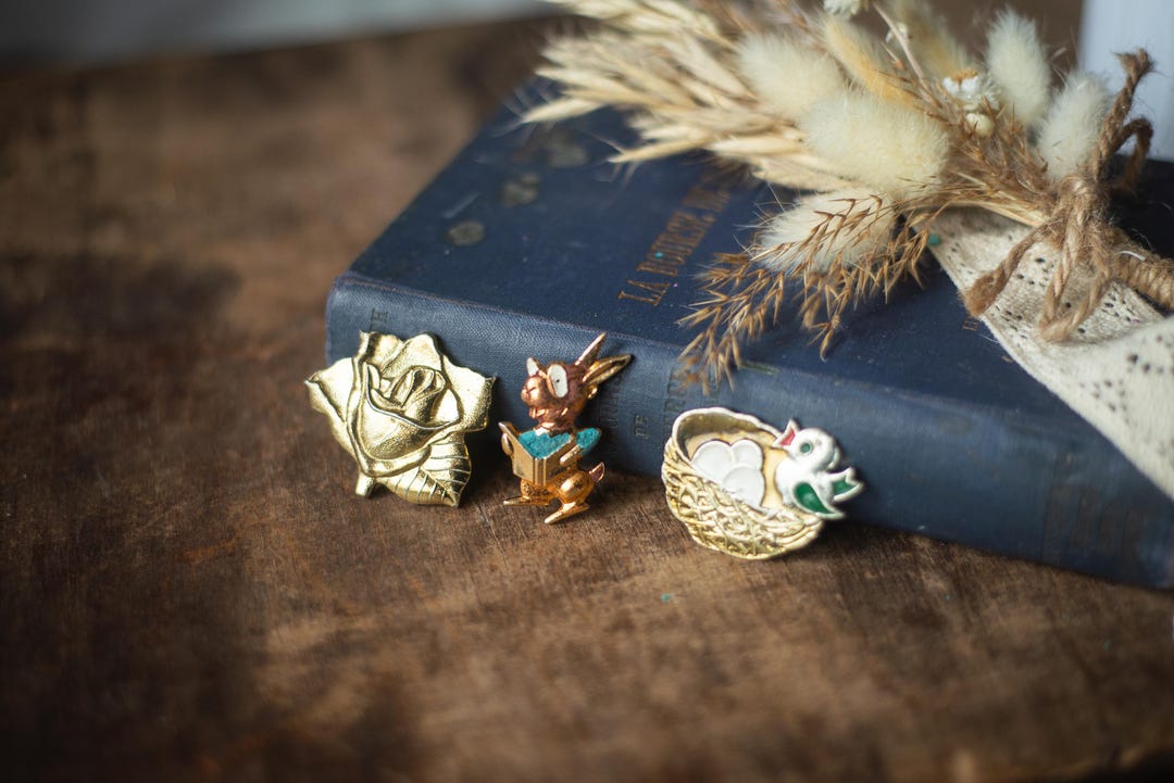 Vintage Brooch, Donkey, Bird Nest, Rose, Enamel Gold Tone Animal Pin ...