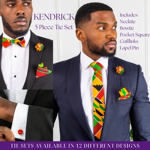 African Print Mens Kente Ankara Matching Necktie Pocket Square Flower Pin Cufflinks Bow Tie 5 ...