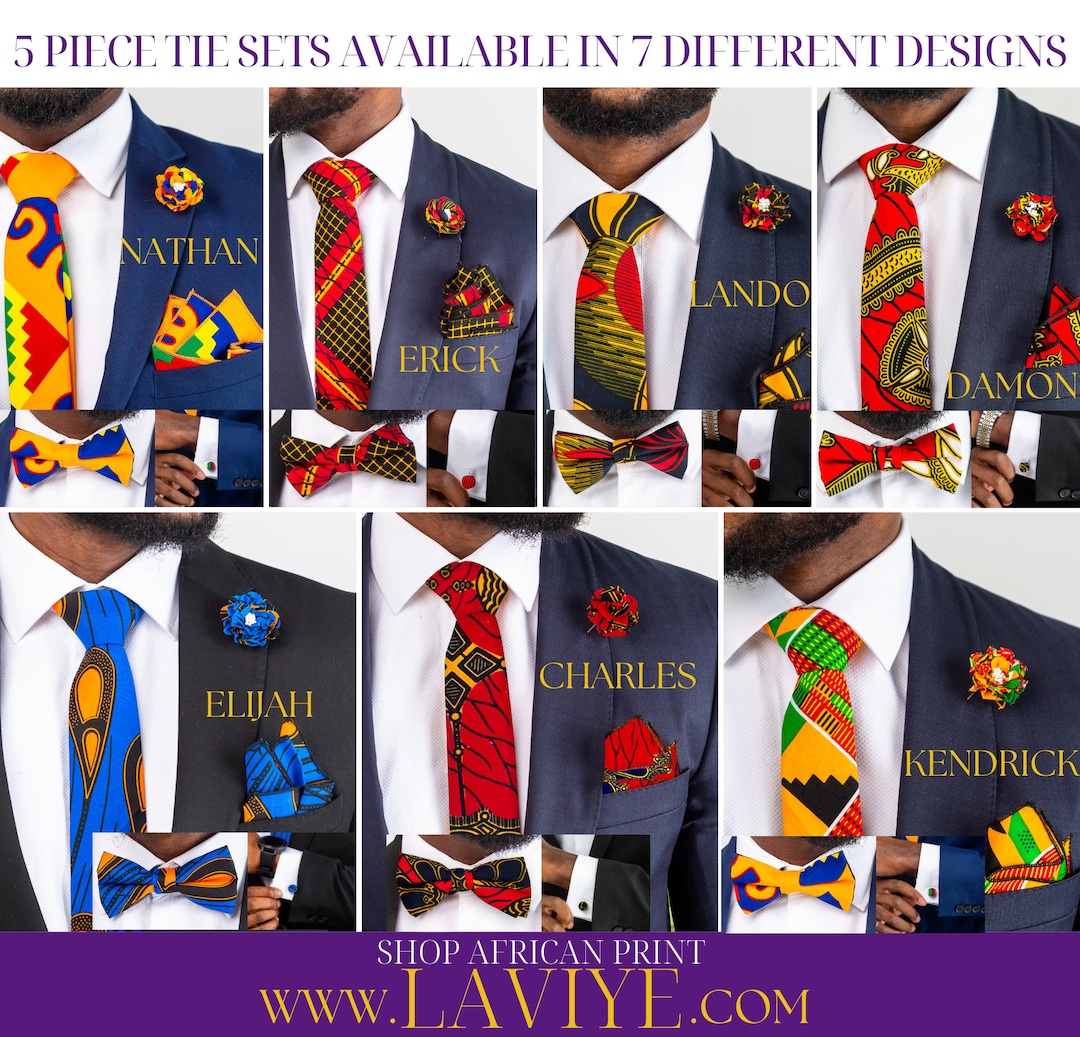 African Print Mens Kente Ankara Matching Necktie Pocket Square Flower Pin Cufflinks Bow Tie 5 ...