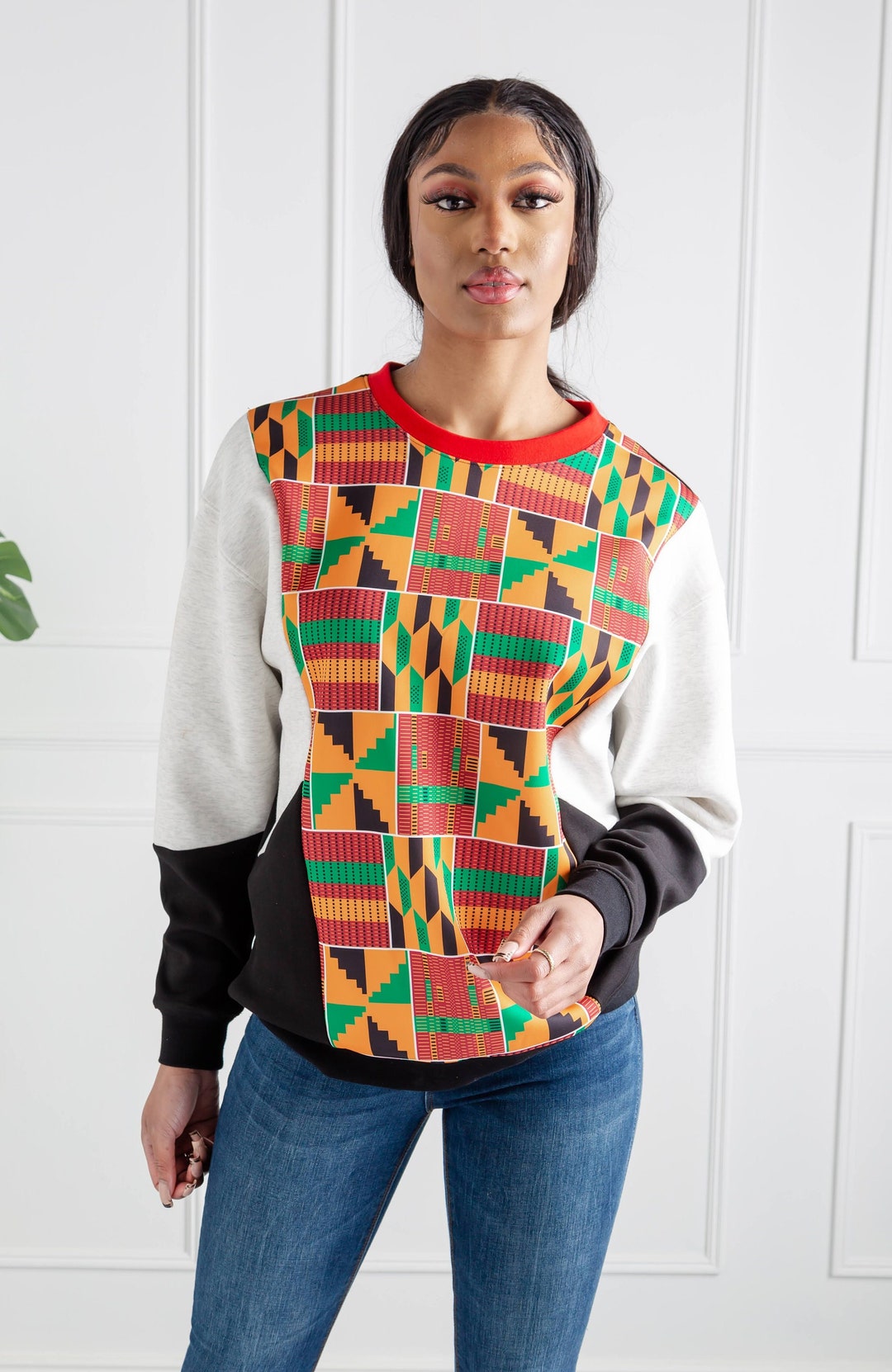 Women's Ankara Kente Crew Neck African Print Sweatshirt V Block ...