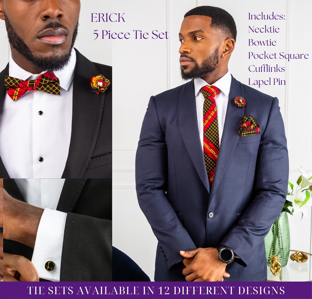 Handmade Groomsmen African Wax Necktie and Bow Tie Set African Print Ankara Kente Wedding Tie ...