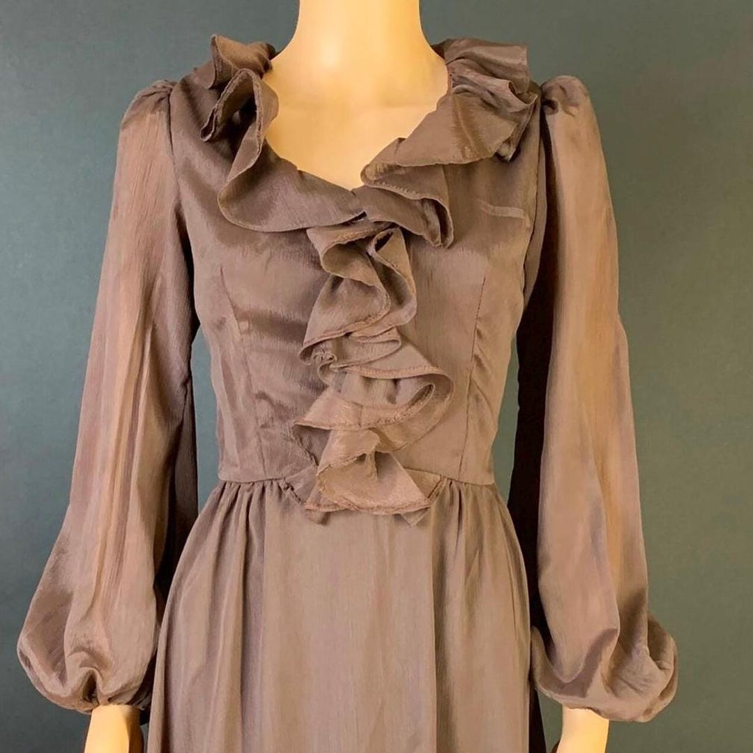 1970s Ruffle Neckline Dress, Bishop Sleeves - Etsy