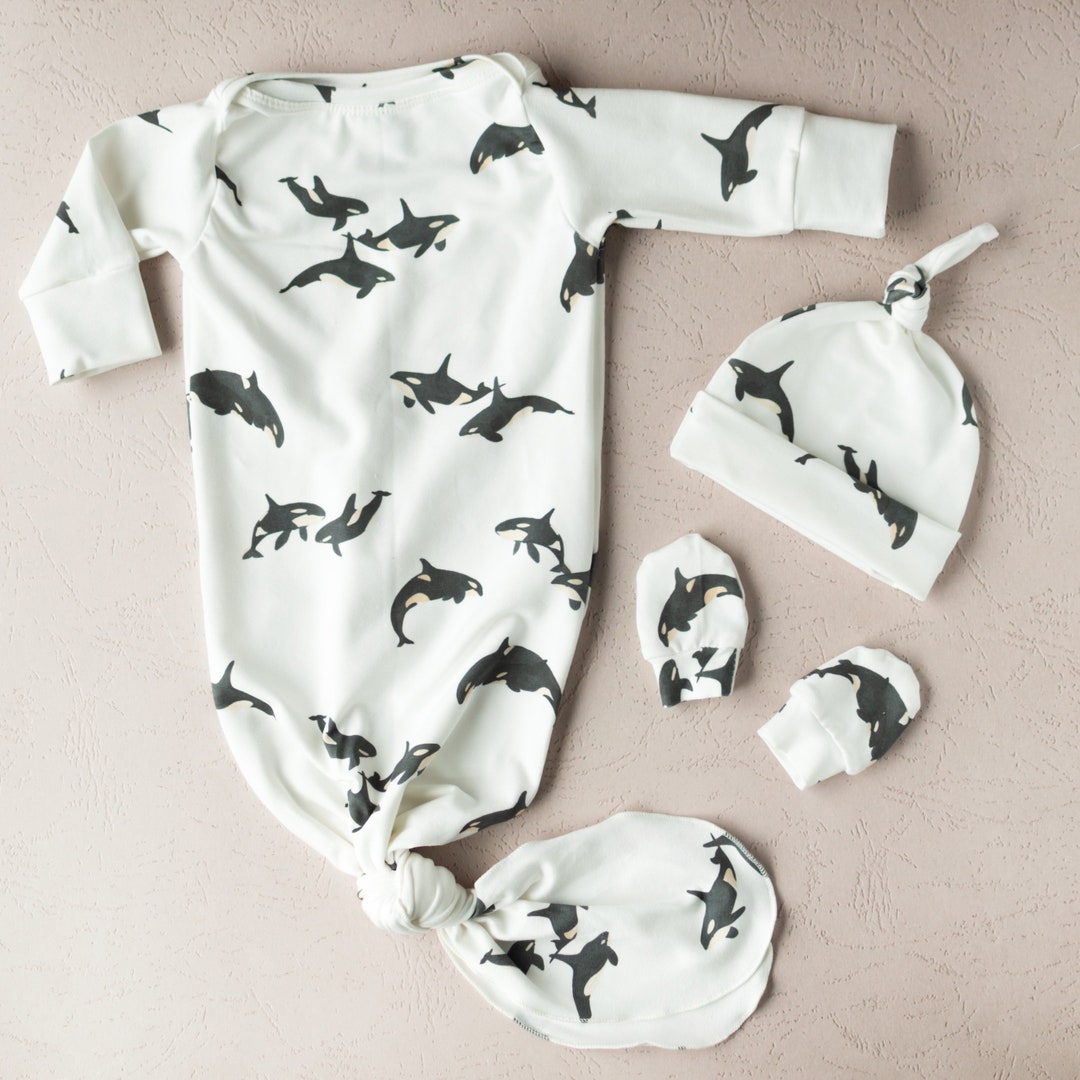 Whale Orca Newborn Outfit Knotted Gown, Hat and Mittens Set New Baby ...