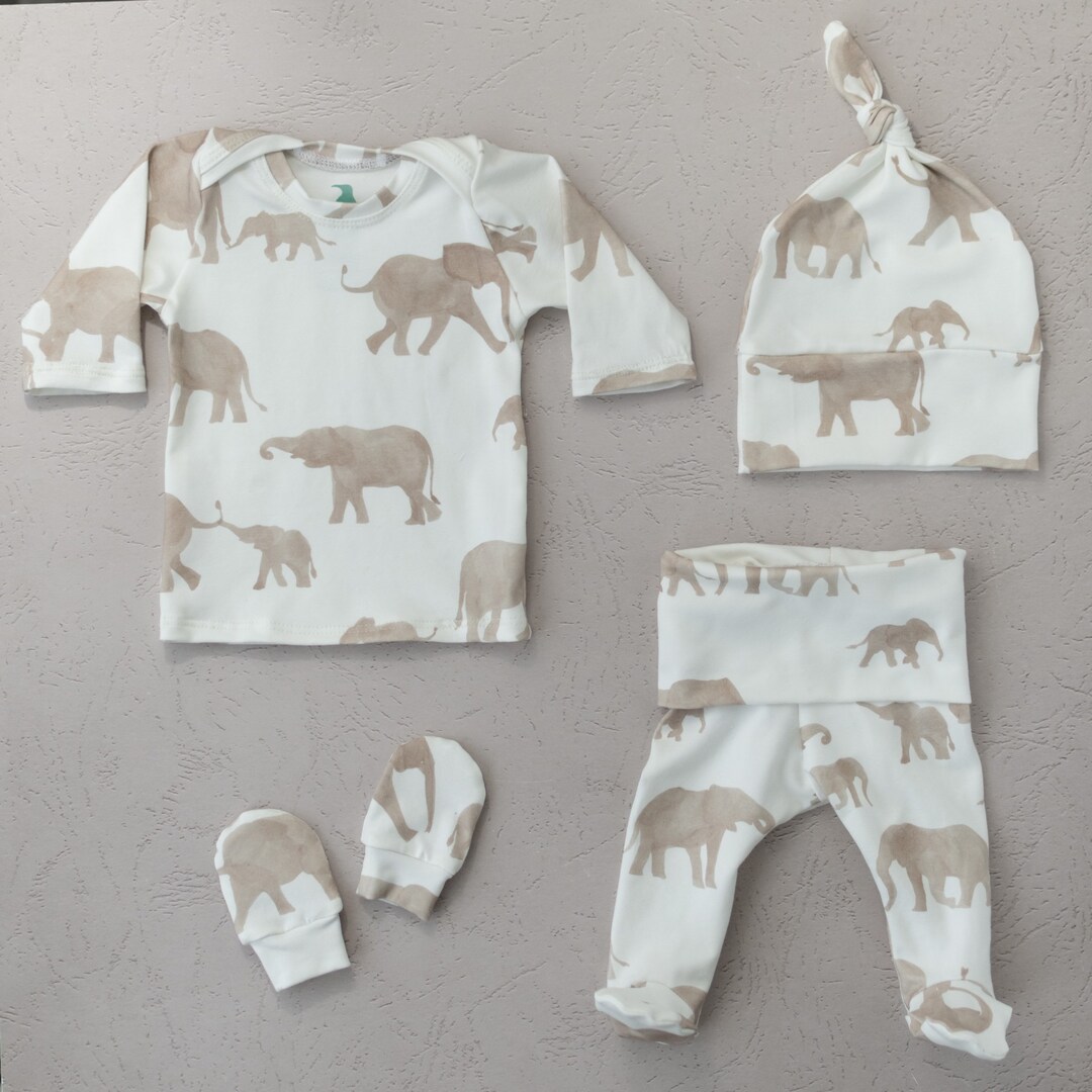 Elephant Baby Outfit Set Pants Shirt Hat Mittens Gender Neutral New ...