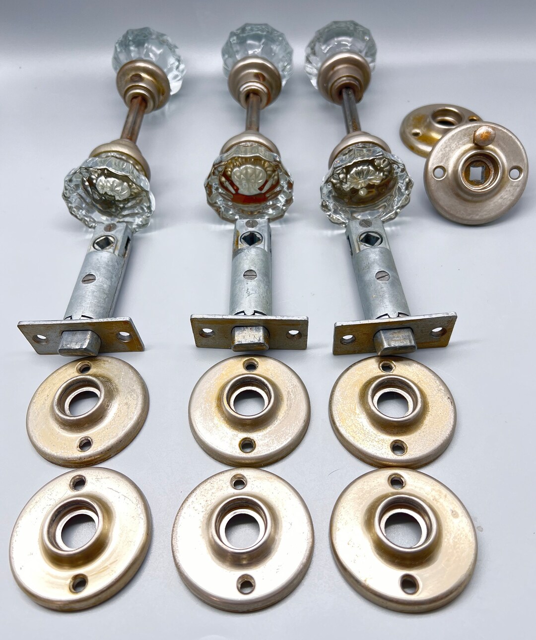 Three Glass Doorknob Sets, Includes Hardware, 12 Point, Salvage ...