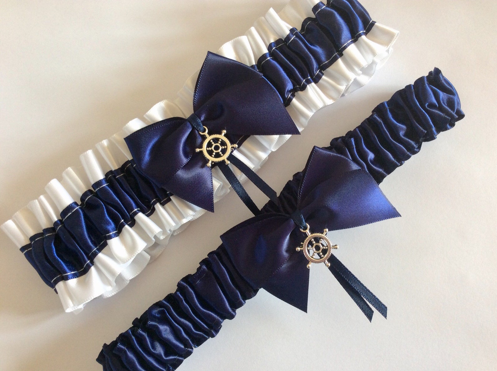 White Navy Blue Satin Silvertone Ship Wheel Garter | Etsy