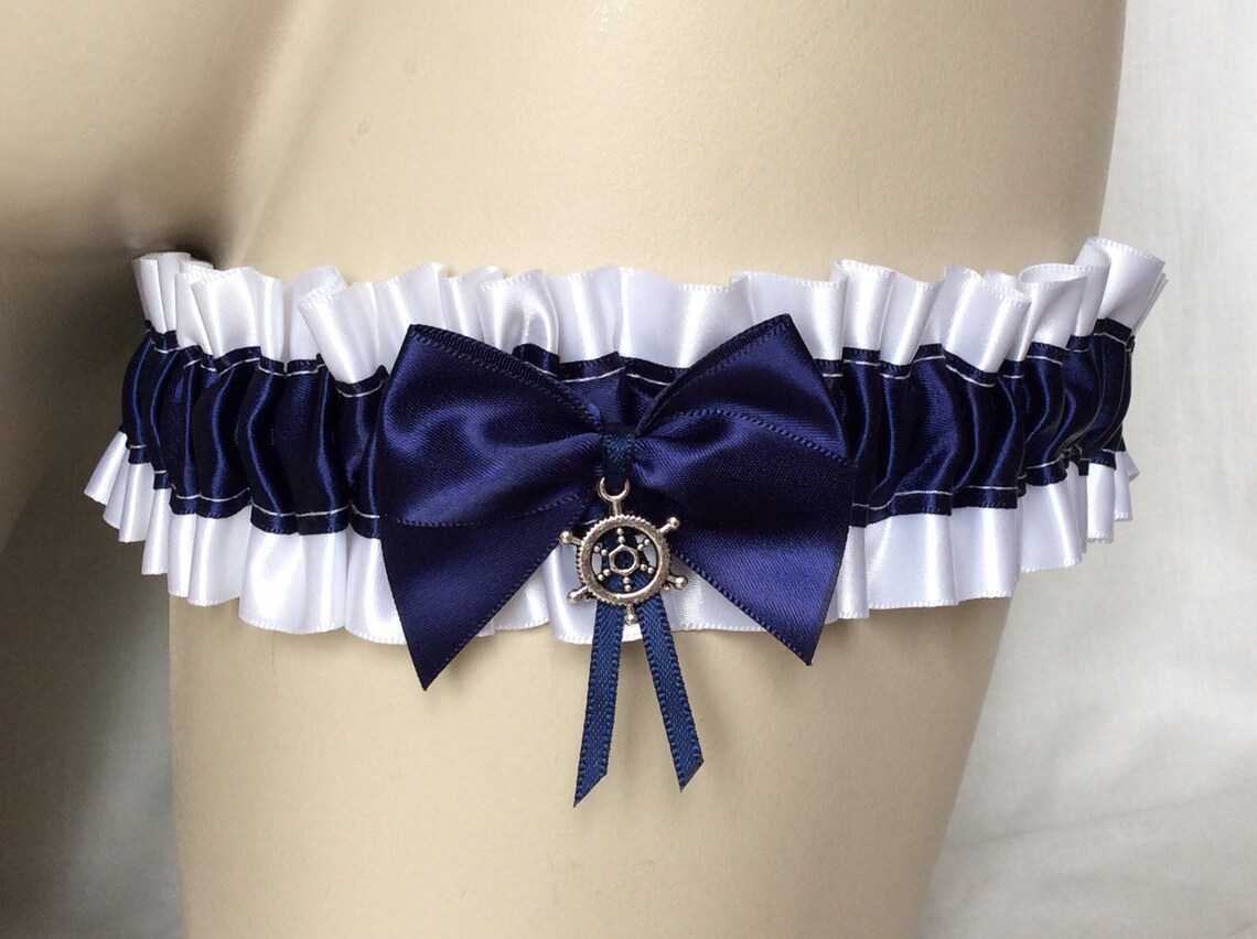 White Navy Blue Satin Silvertone Ship Wheel Garter | Etsy