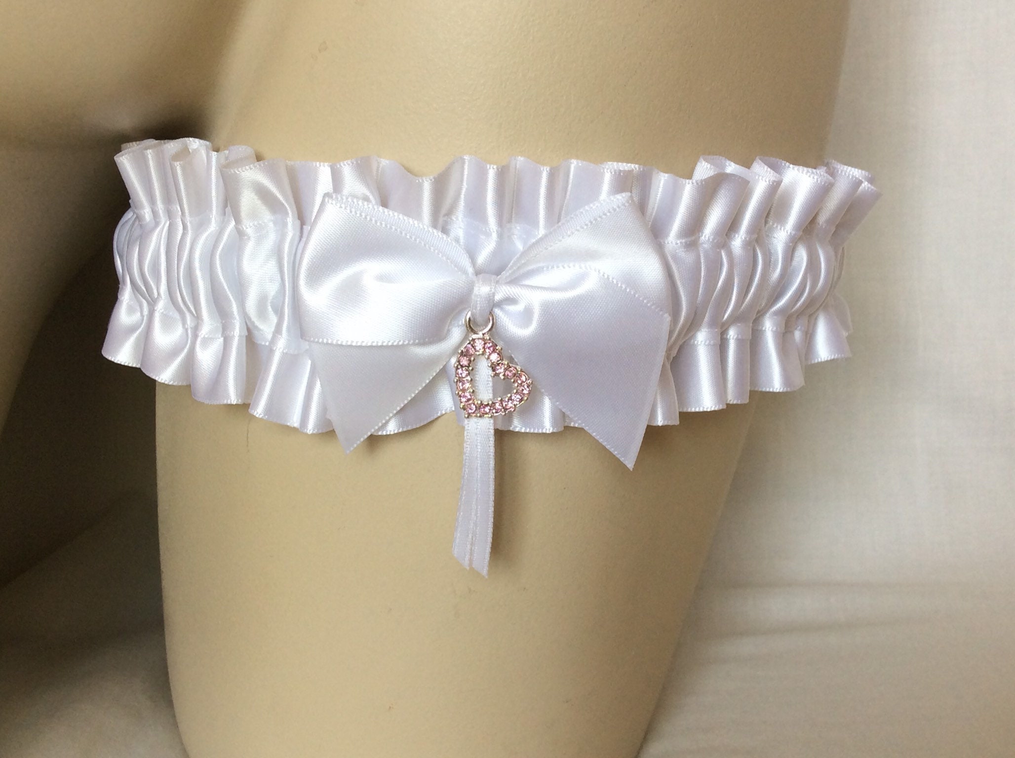 White Satin Garter With Sparkly Pink Heart - Etsy UK