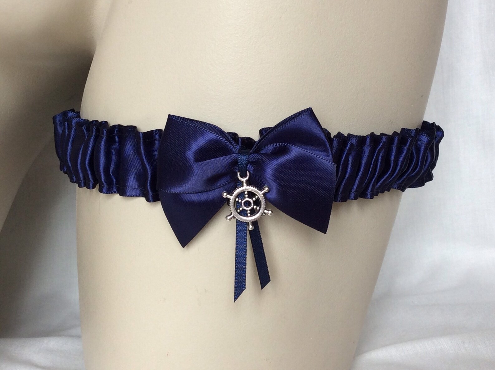 White Navy Blue Satin Silvertone Ship Wheel Garter | Etsy
