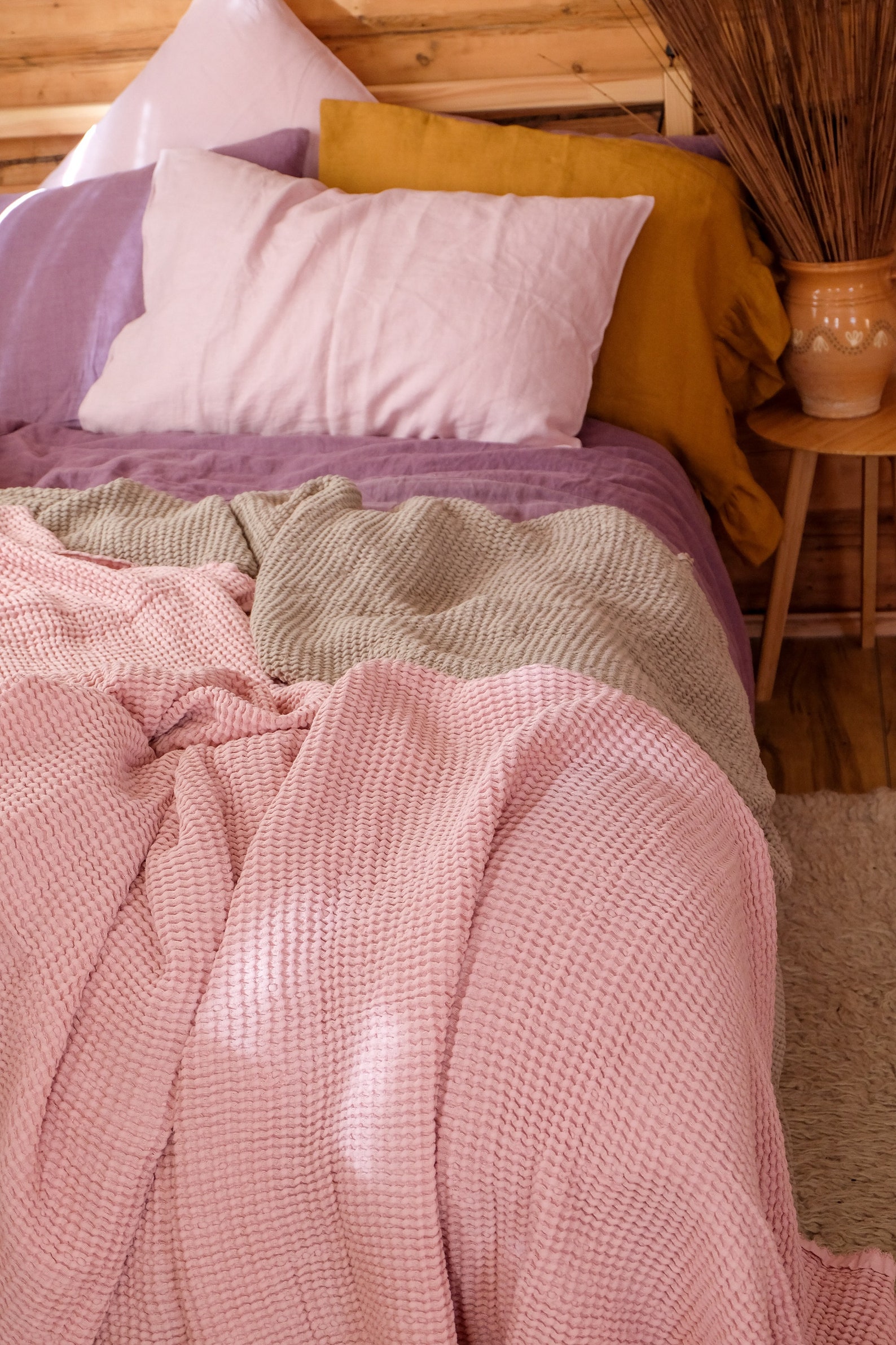 Dusty Rose Waffle Textured Linen Blanket/ Heavy Linen Bed Cover - Etsy