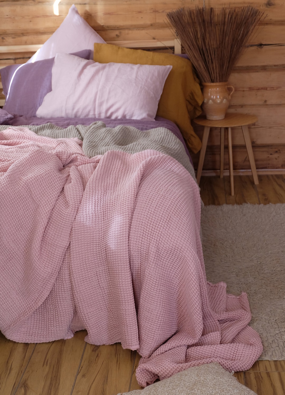 Dusty Rose Waffle Textured Linen Blanket/ Heavy Linen Bed Cover - Etsy