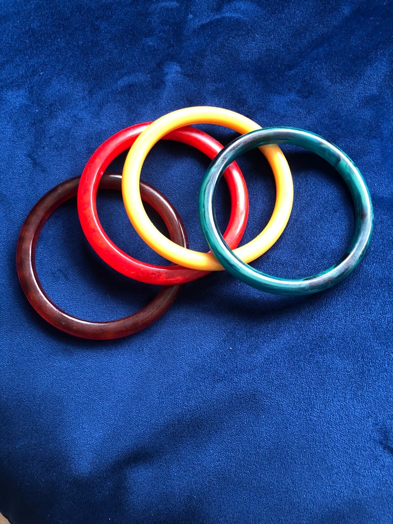 Four Antique Vintage Art Deco 1930s 1940s Bracelet Bakelite Bangles Marbled Red, Yellow ...