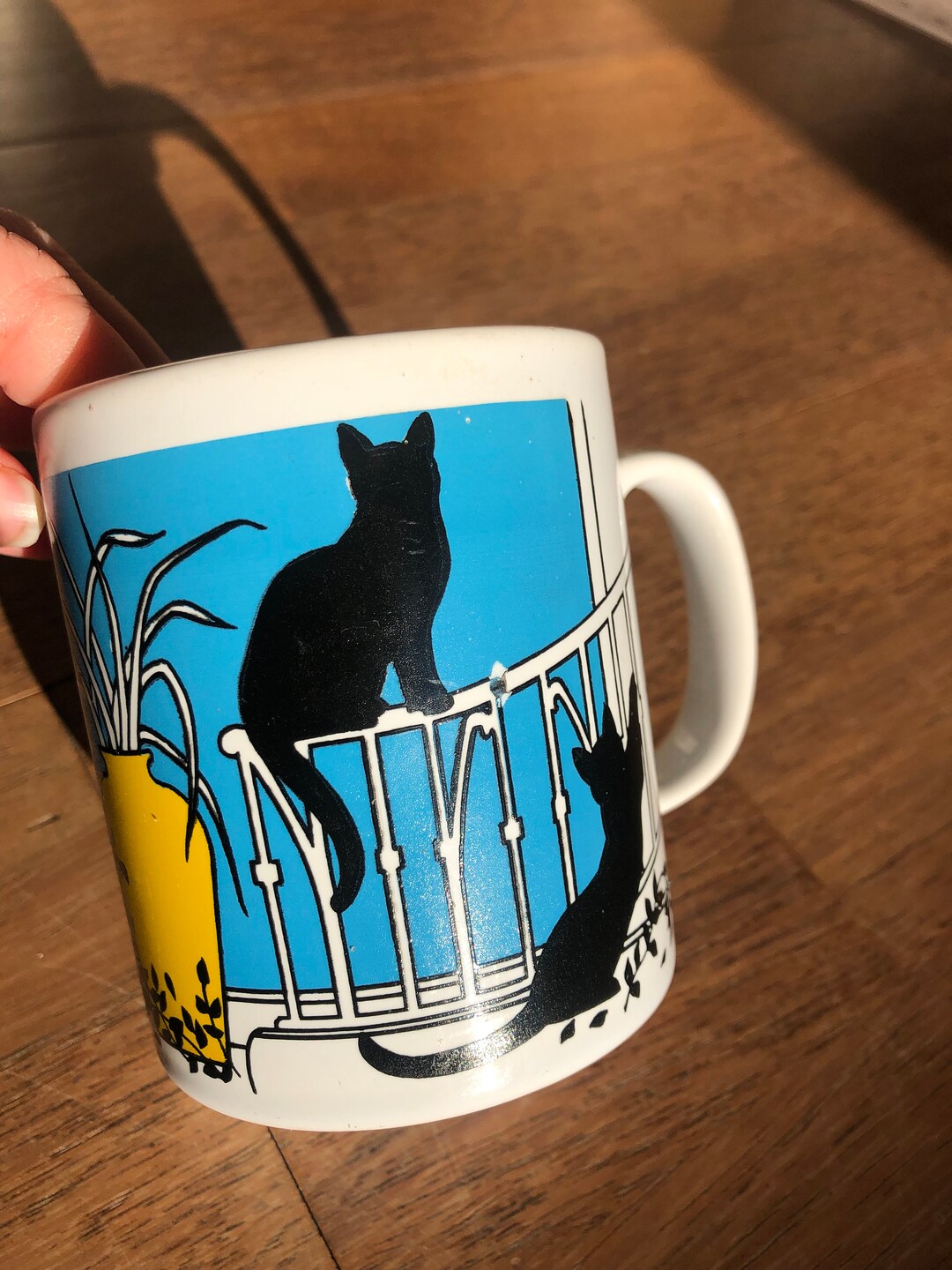 Vintage Coloroll Black Cat Mug Tea Coffee Cup Blue Yellow Plants Home ...