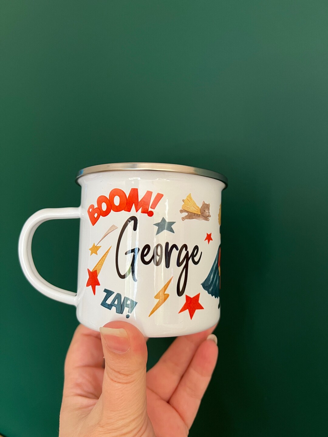 Kids Superhero Themed Personalised Enamel Mug, Kids Birthday Gift Idea ...