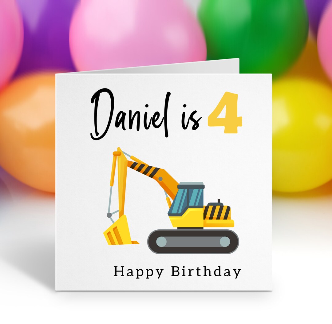 Personalised Digger Birthday Card, Happy Birthday Yellow Excavator Card ...