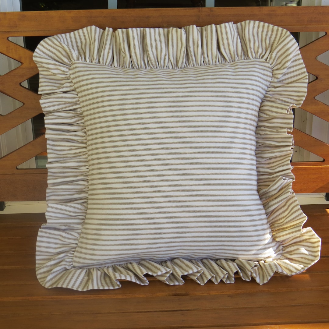 Taupe Ticking Stripe Ruffled Pillow Cover/cotton Pillow Cover/ticking ...