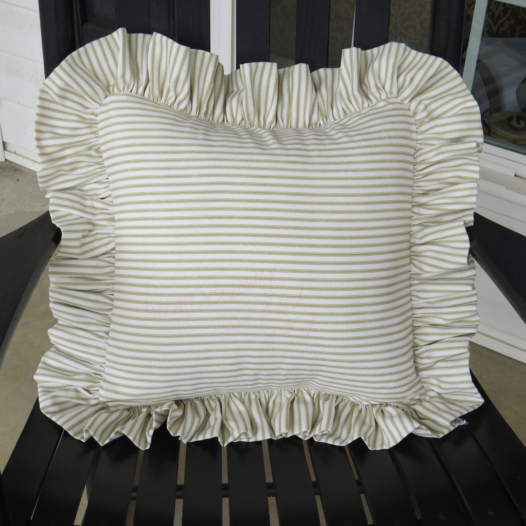 Green Ticking Stripe Ruffled Pillow Cover/cotton Pillow Cover/ticking ...