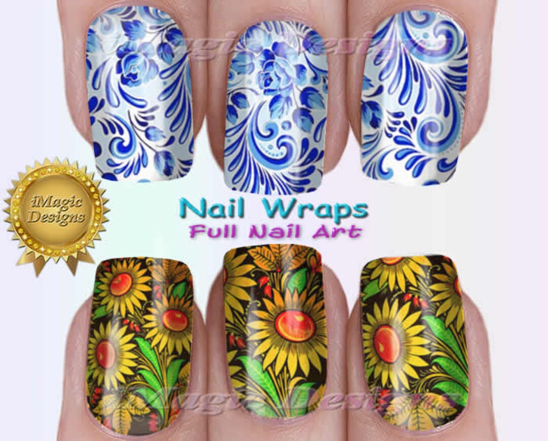 Nail Wraps, Waterslide Full Nail Decals, Stickers, Blue Gzhel or ...