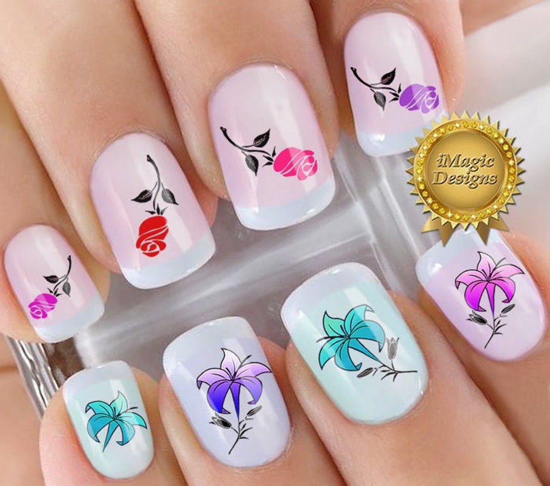 Floral Nail Decals Stickers, Water Slide Nail Transfer, Rose or Lily ...