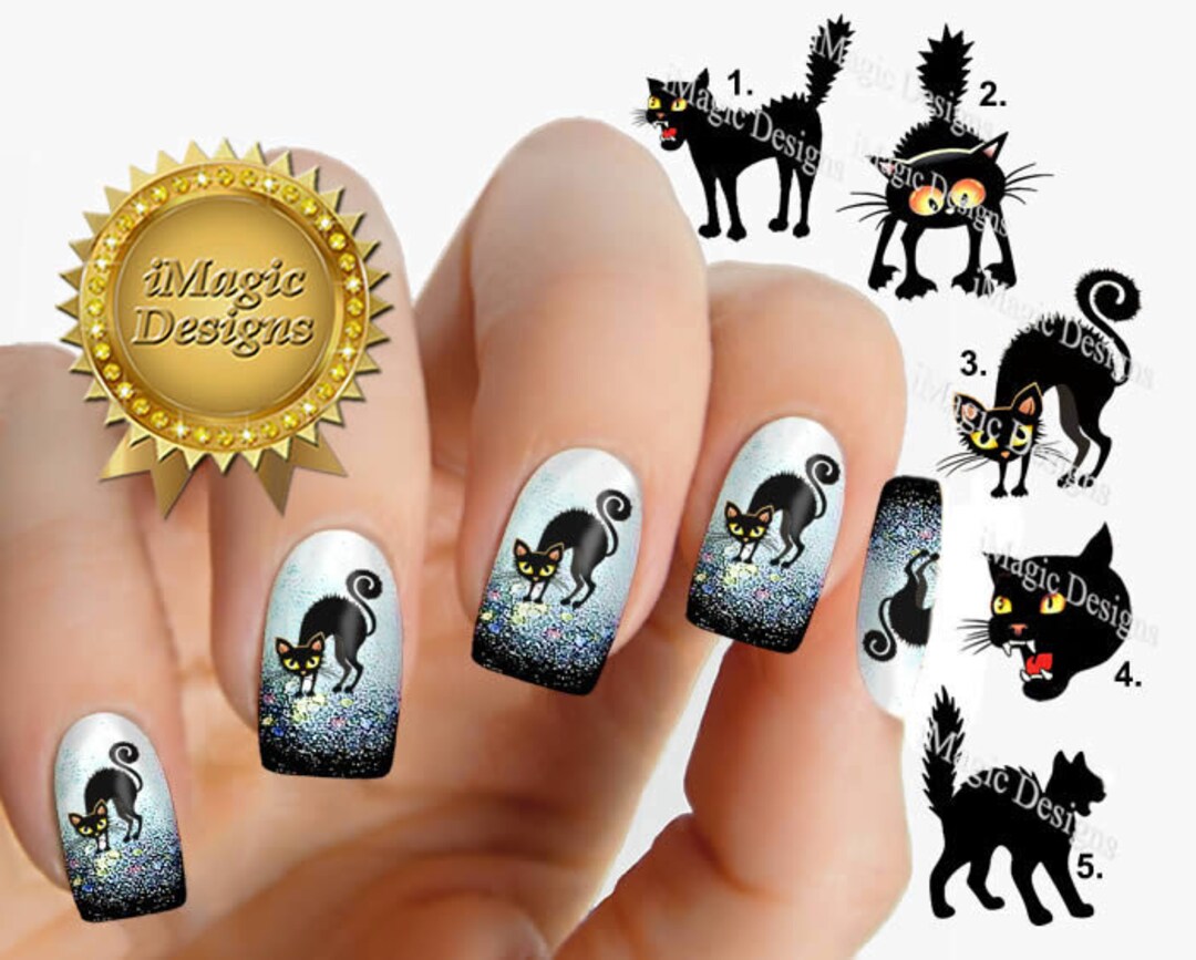 Waterslide Nail Decals, Cat Nail Stickers, Halloween Cat, Nail Tattoos ...