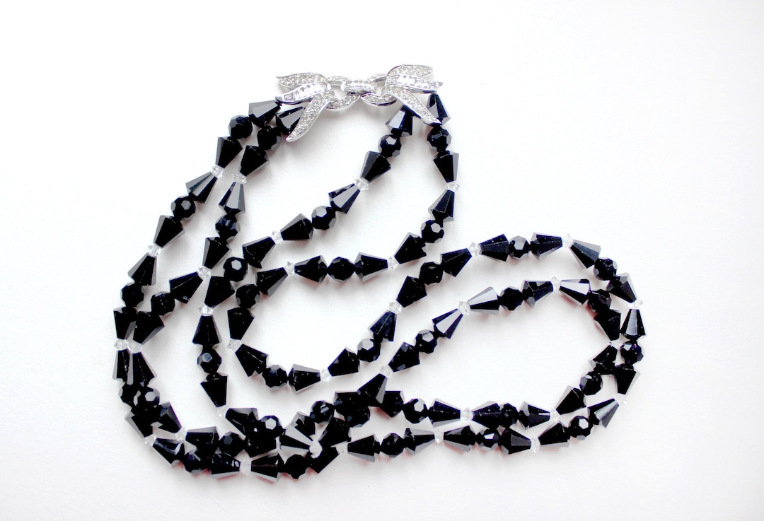 1960s Boucher Long Necklace Double Strand Faceted Black Jet Crystal ...