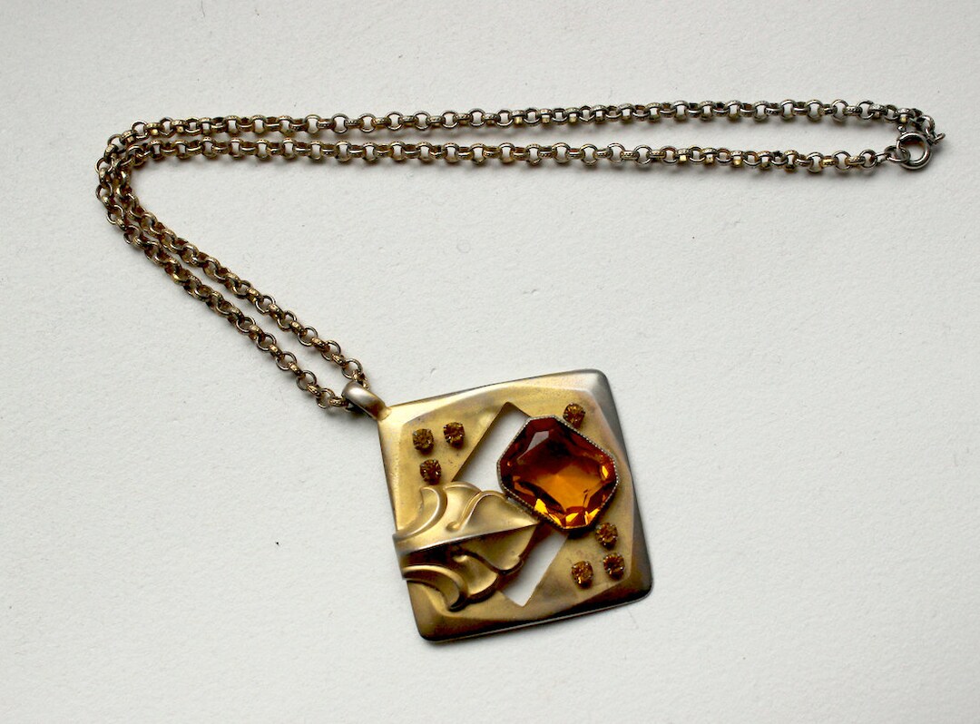 Antique Bohemia Czech Gold Gilt Pendant Necklace With a Large Topaz Cut ...