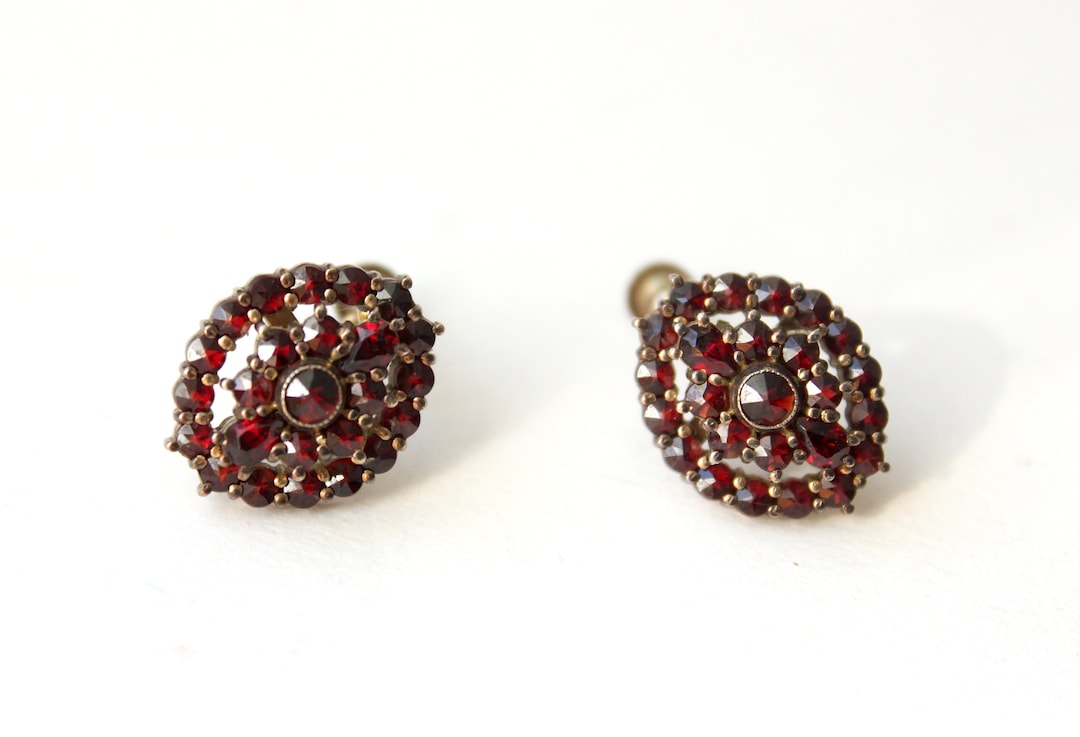1950s Bohemian Czech Red Garnet Gold Gilt Silver Earrings Screwback ...