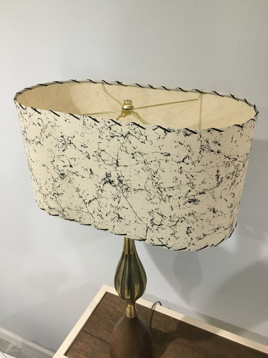 Mid Century Style Fiberglass Lamp Shade Retro Modern Oval Ivory W/black ...