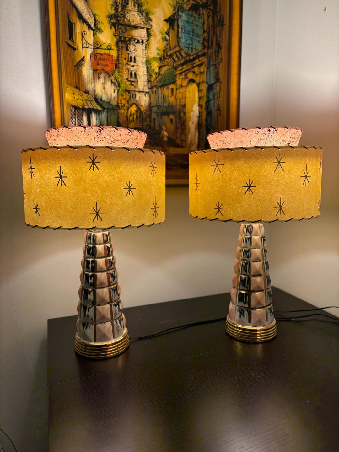 Custom Made Pair of Tapered 2 Tier Fiberglass Lamp Shades Modern Atomic ...