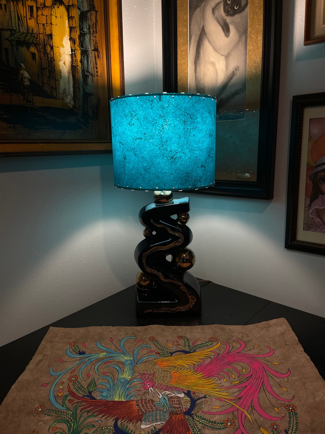 Mid Century Style Fiberglass Lamp Shade Retro Modern Turquoise / Gold ...